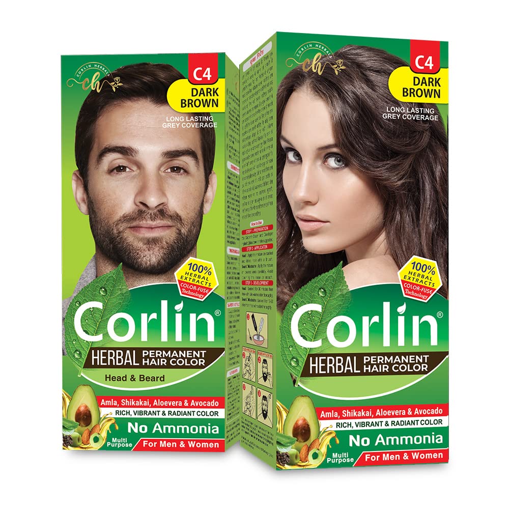 Corlin Herbal Permanent Hair Color Cream, Dark Brown C4 (100g x 2pcs ...