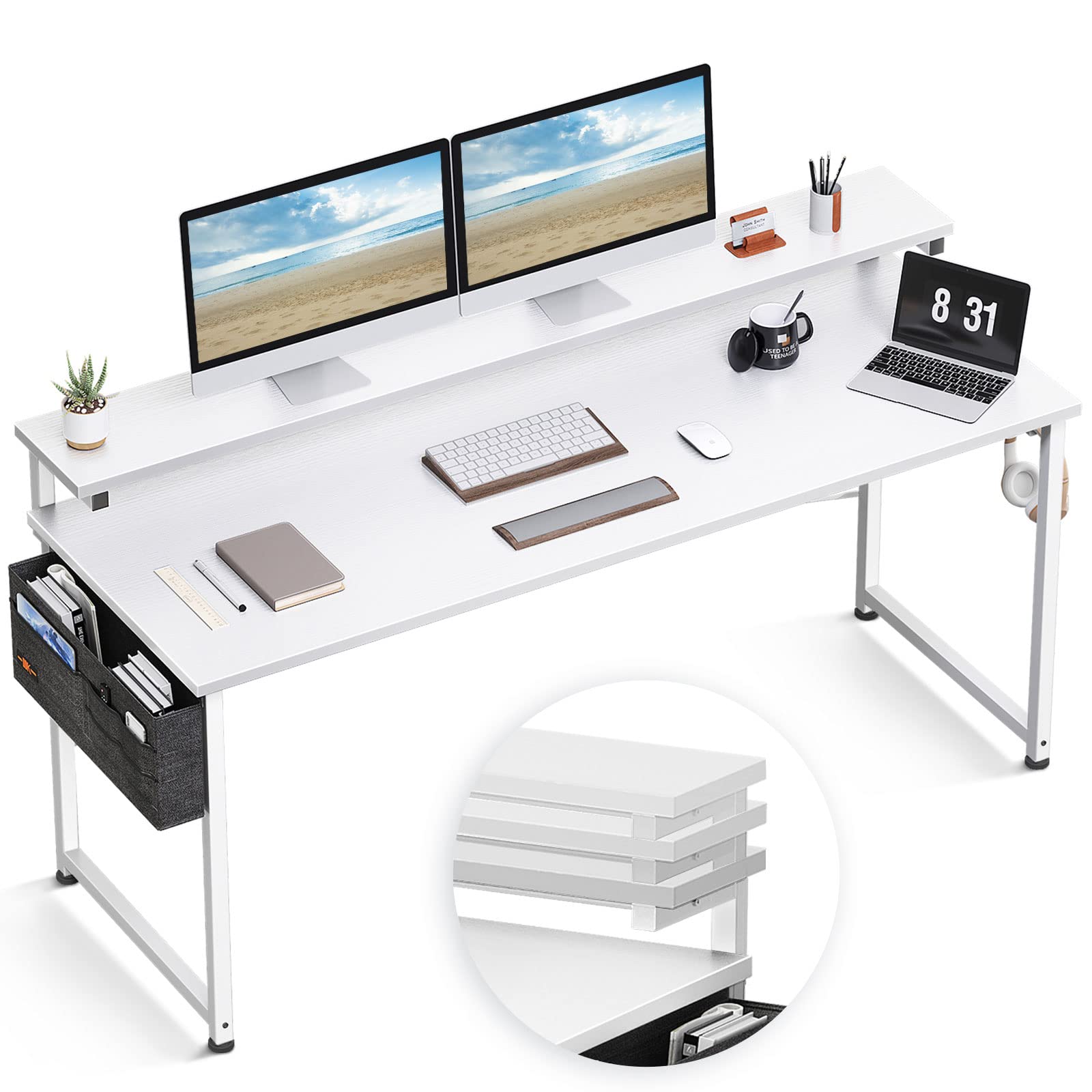 ODK Computer Desk with Adjustable Monitor Shelves, 63 inch Home Office ...
