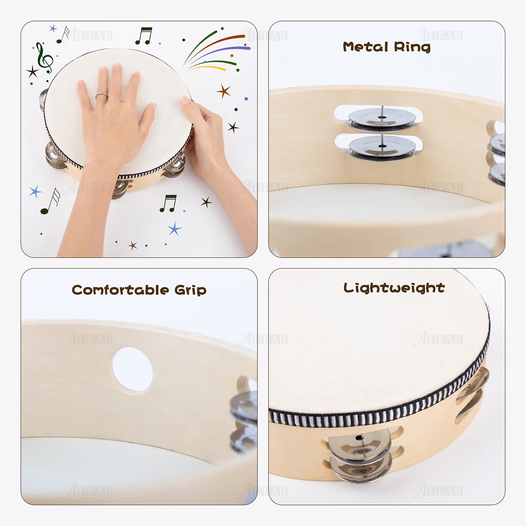 Snapklik.com : 3 Pack Wooden Tambourines Double Rows Metal Jingle ...