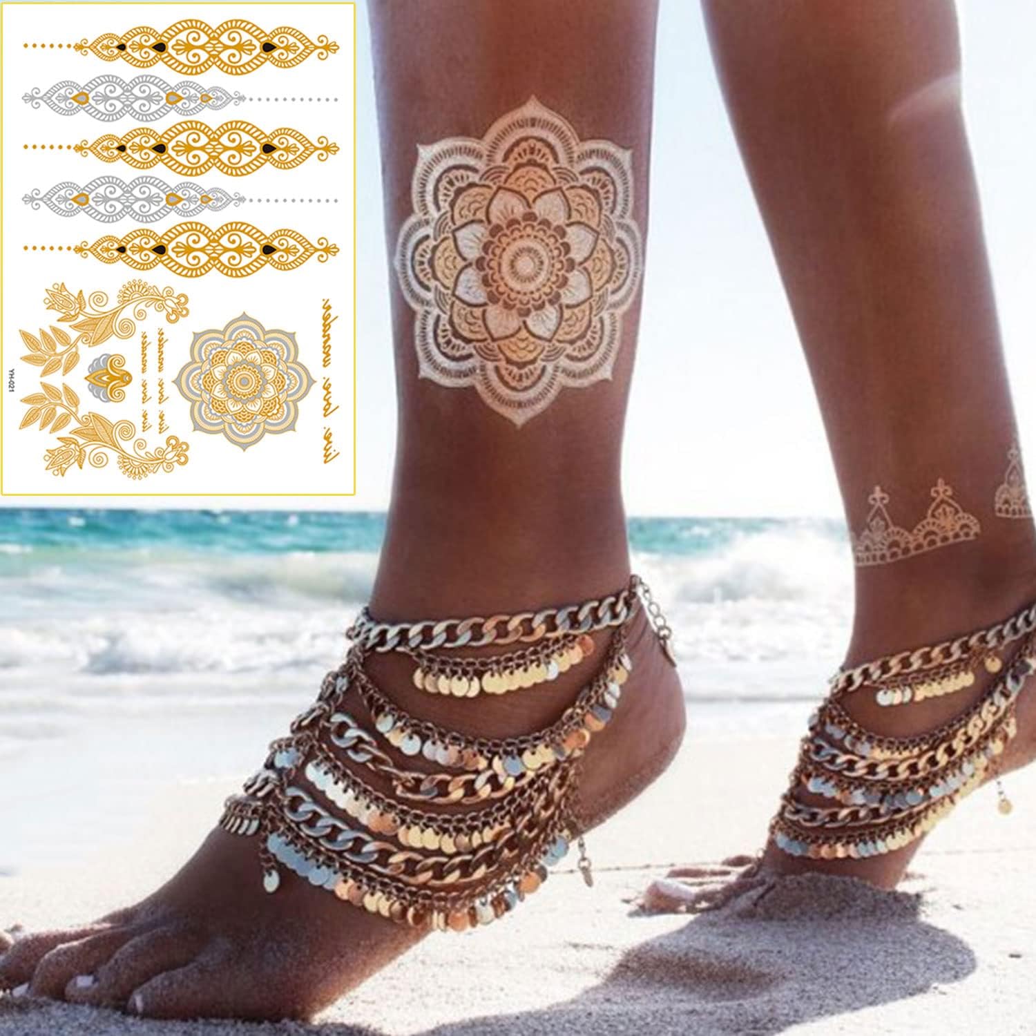 Amazon.com : Gold Henna Temporary Tattoos for Women Girls Lace Fake ...