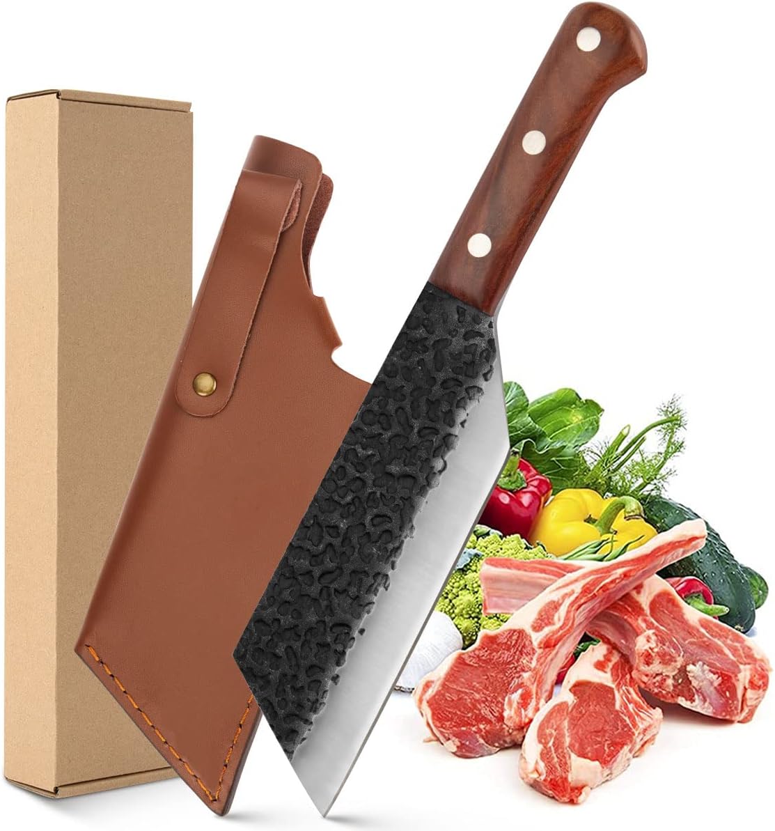 FULLHI Juego de 11 Cuchillos de Carnicero Forjados a Mano con Funda Cuchillo de Acero al Carbono ...