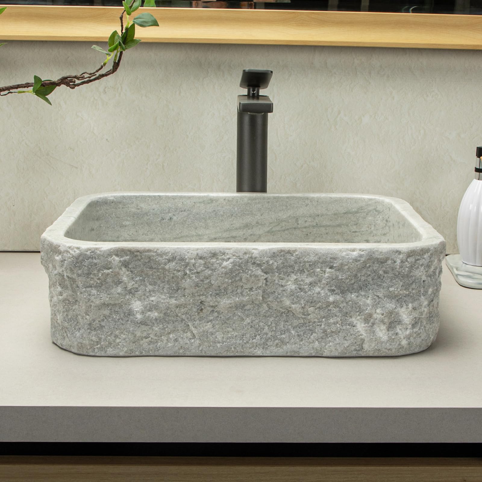 100% Handcrafted Stone Vessel Sink with Rectangular White Striped ...