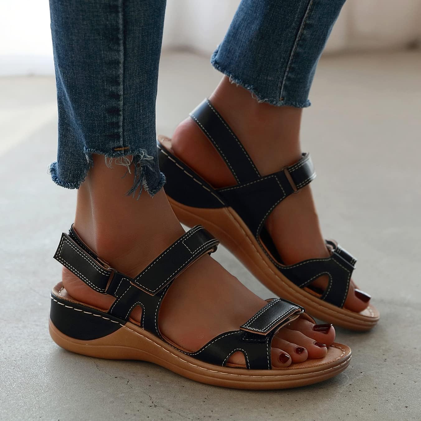 Women's Comfortable Wedge Orthotic Sandals Arch Support Buckle Ankle Strap Flat Vintage Open Toe ...