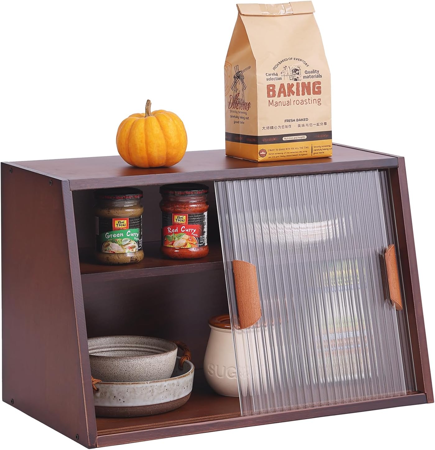 Amazon.com: Tiita Small Kitchen Pantry Cabinet, Bamboo Sideboard with Glass Doors, Cupboard Food ...