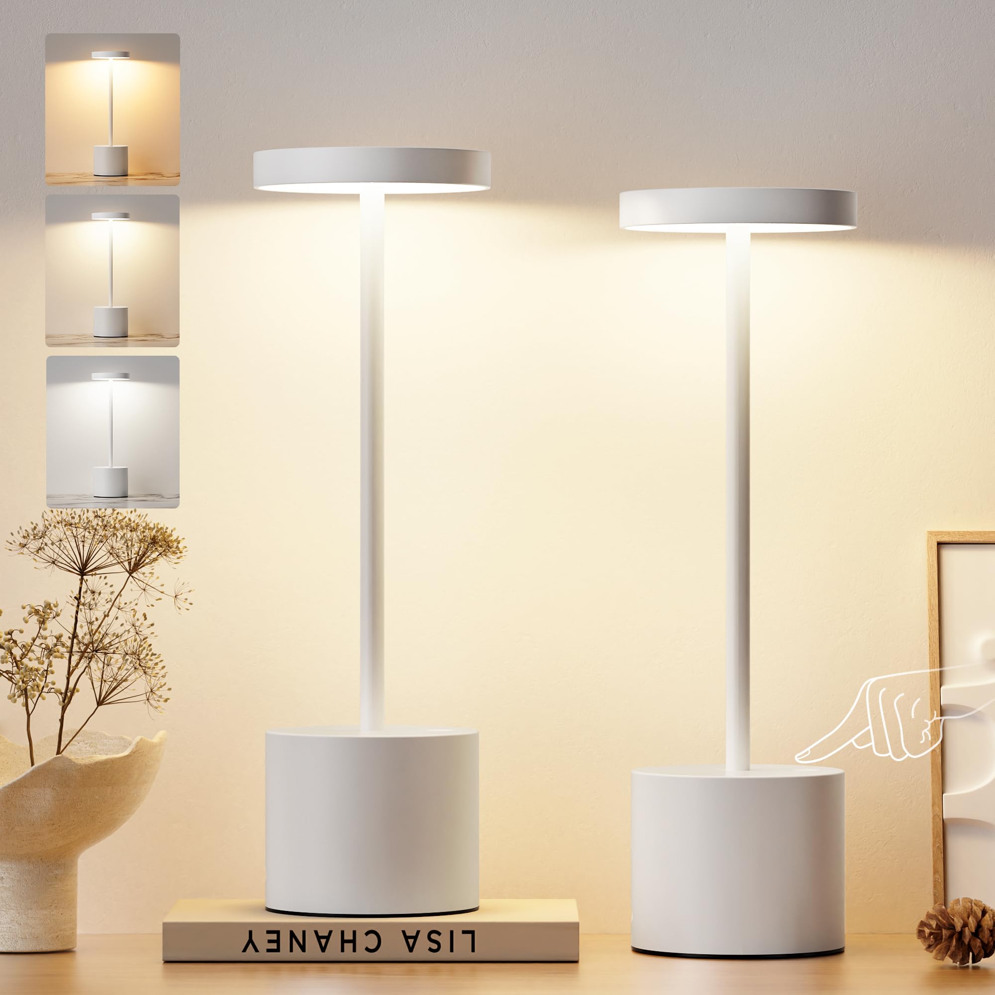 Kakanuo White Cordless Lamp, Rechargeable Lamp, Touch Control, 3 Color ...