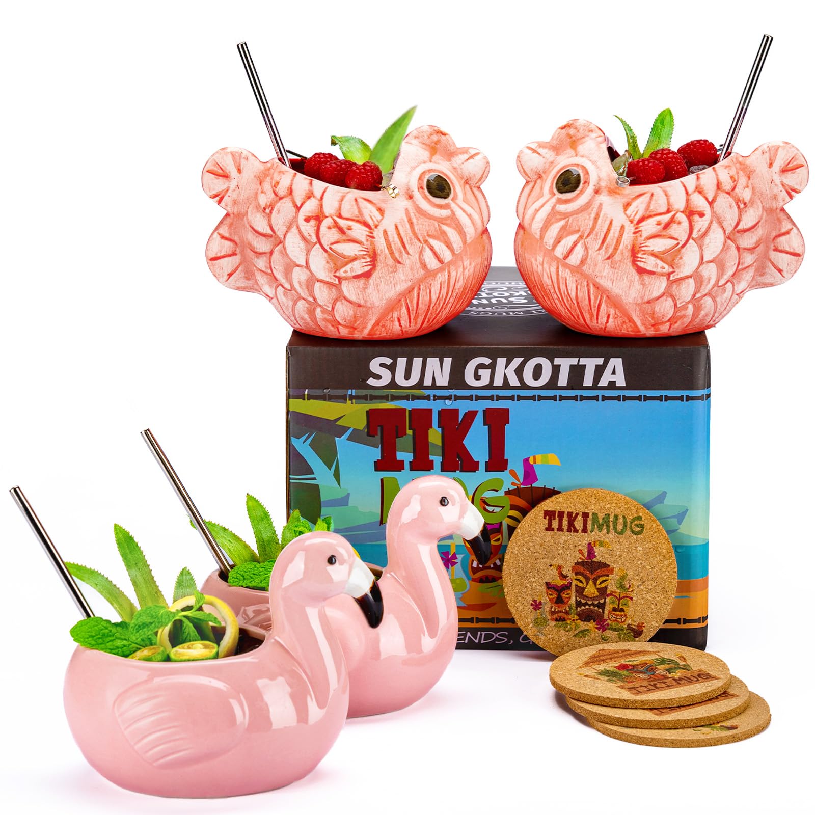 Amazon.com: SUN GKOTTA Tiki Mugs for Cocktail and Juice Set Of 4,Cute ...