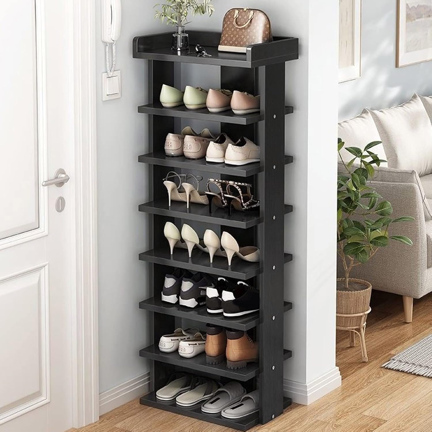 Youyijia Narrow Shoe Rack, Double Rows 7-Tier Tall Shoe Rack Organiser ...