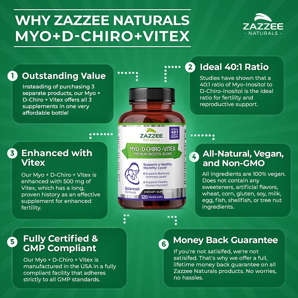 Buy Zazzee Myo-Inositol + D-Chiro + Vitex, 120 Vegan Capsules, Optimal ...