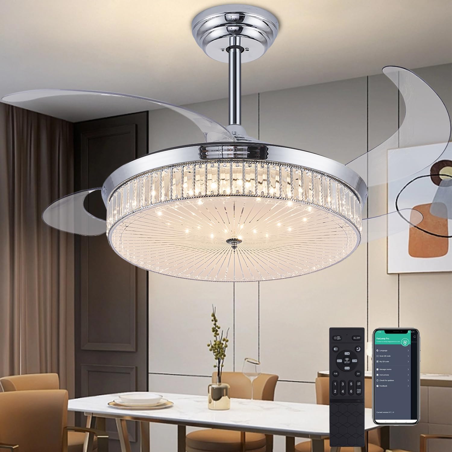 PAFRUMGE 52" Dimmable Crystal Ceiling Fan with Lights, Fandelier ...