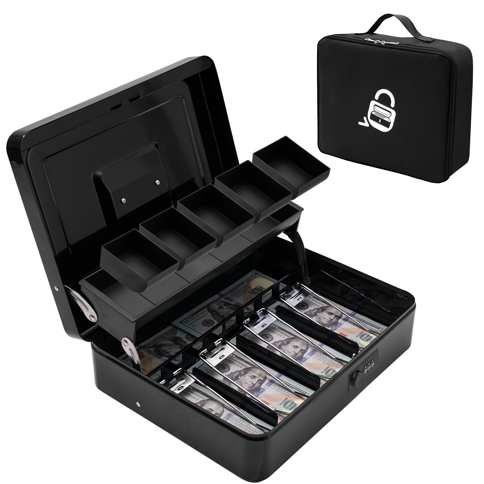 Locking Cash Box with Carry Bag, Metal Money Box with Money Tray ...