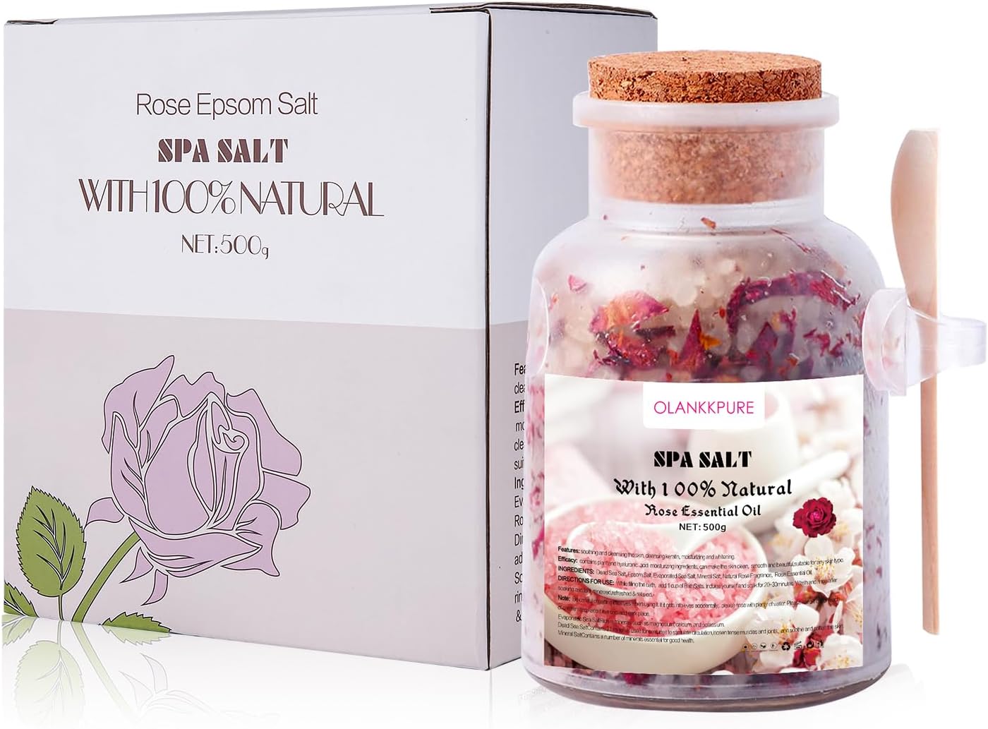 Amazon.com : OLANKKPURE Epsom Salt with Rose Petals 500g,Bath Salts 100 ...