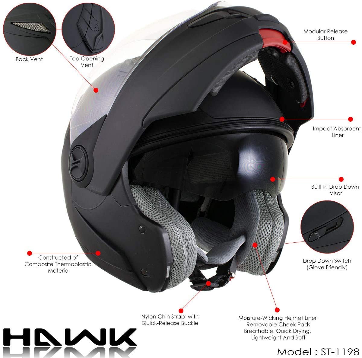 Buy HAWK Helmets ST 1198 Matte Black Modular Motorcycle Full Face ...