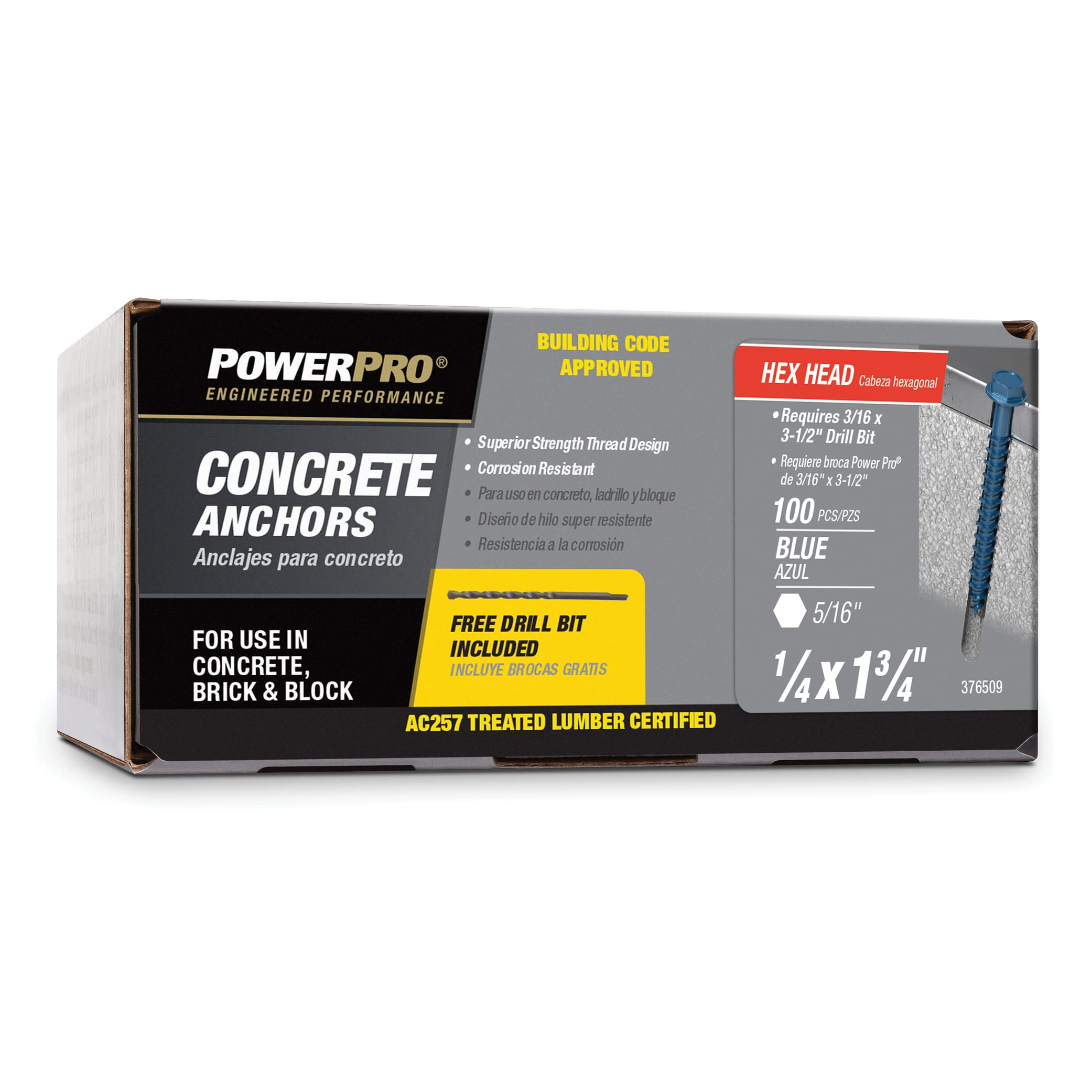 Power Pro Blue Hex Washer-Head Concrete Screw Anchors (1/4" x 2-3/4 ...