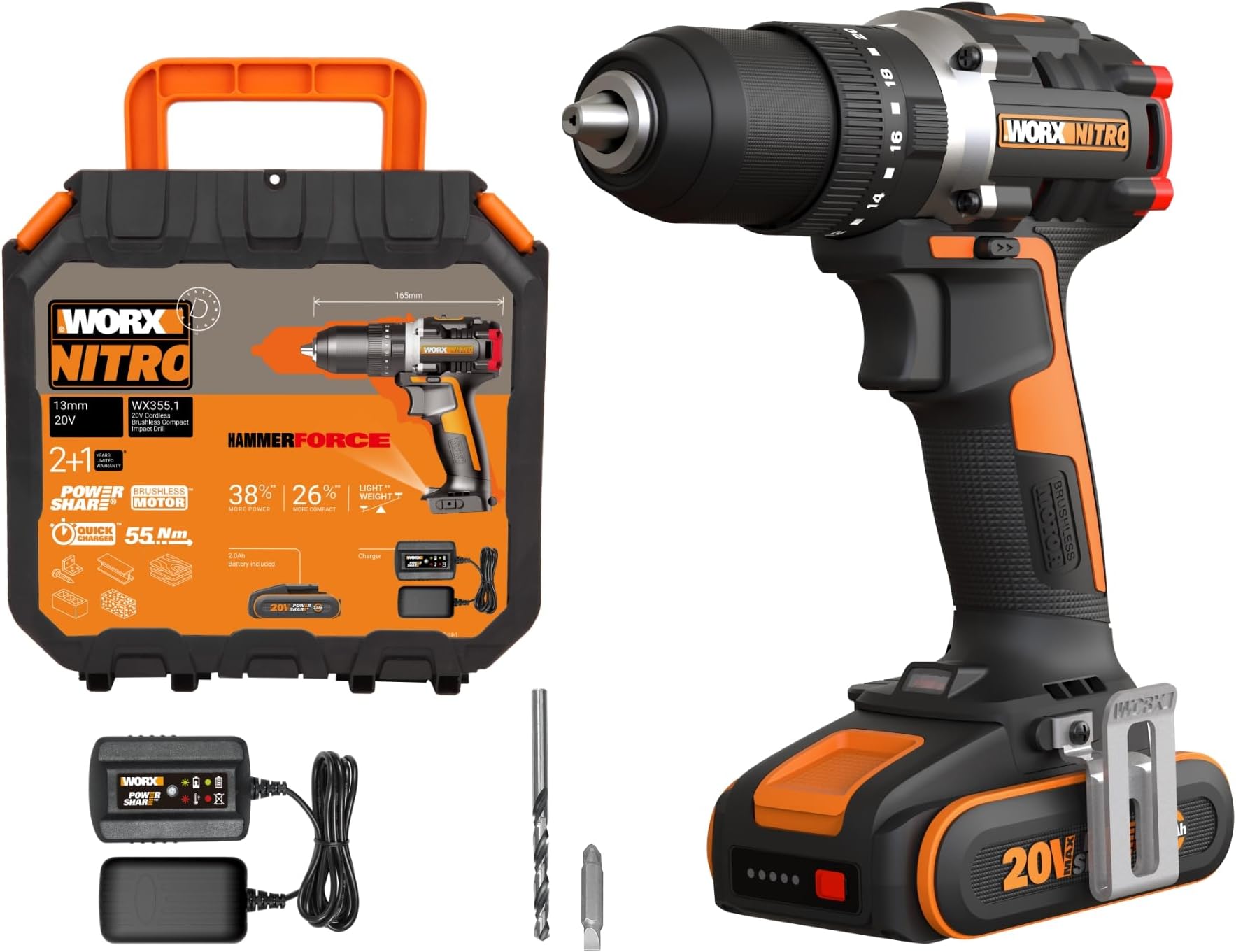 WORX WX902 18V Impact Hammer Drill Cordless Twin Pack with 2 Batteries ...