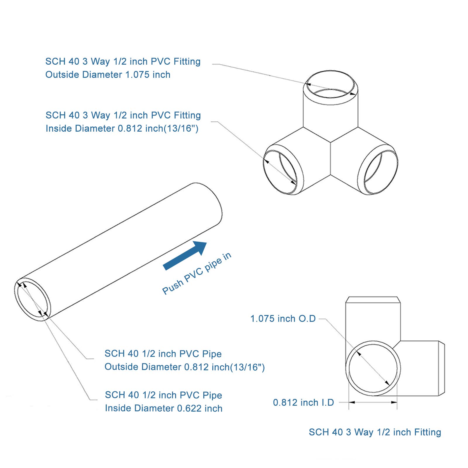 Buy 3 Way PVC Corner Fitting 1/2" PVC Elbow Corner Side Outlet Fitting ...