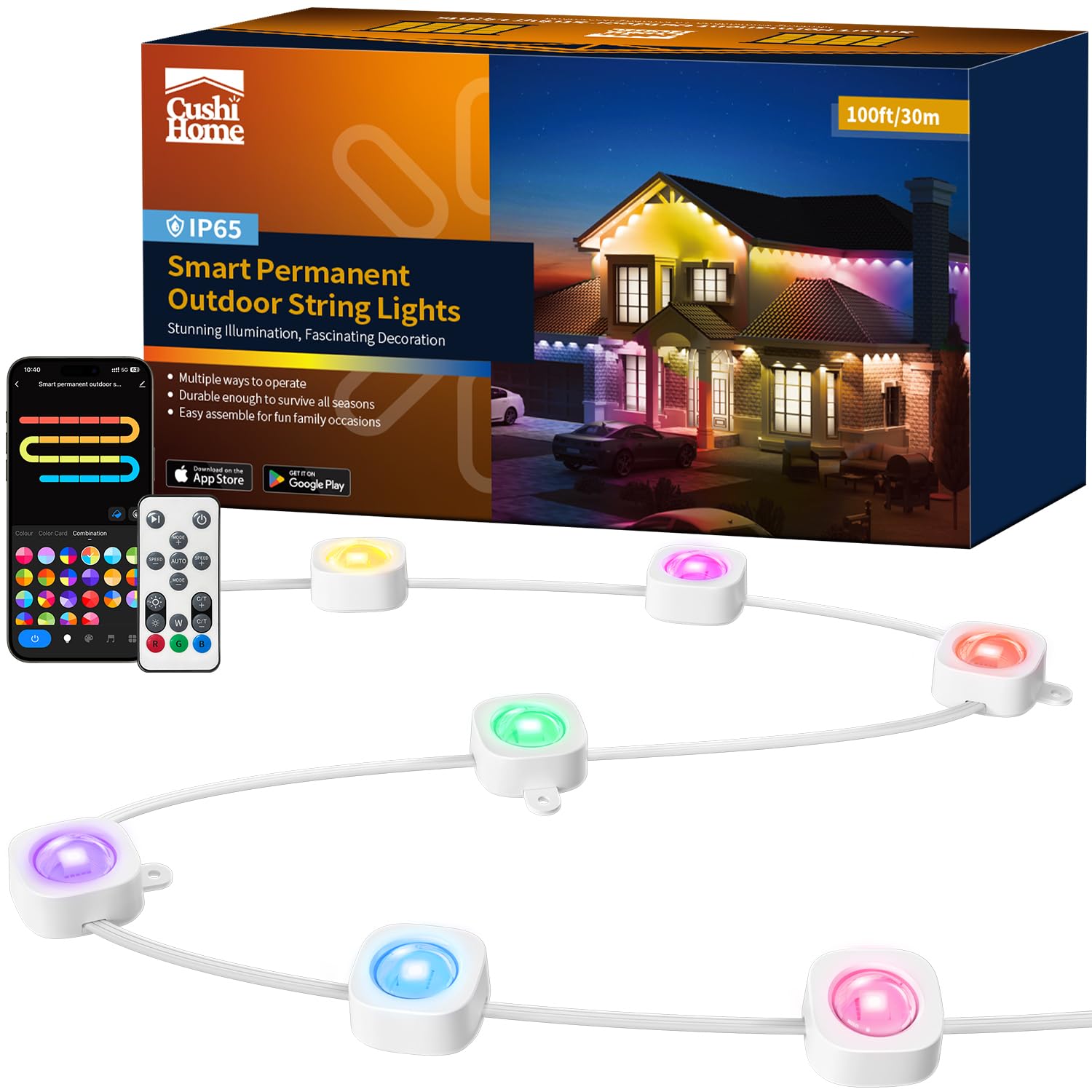 CushiHome Permanent Outdoor Lights, 100ft with 72 LED Lights, IP65 ...