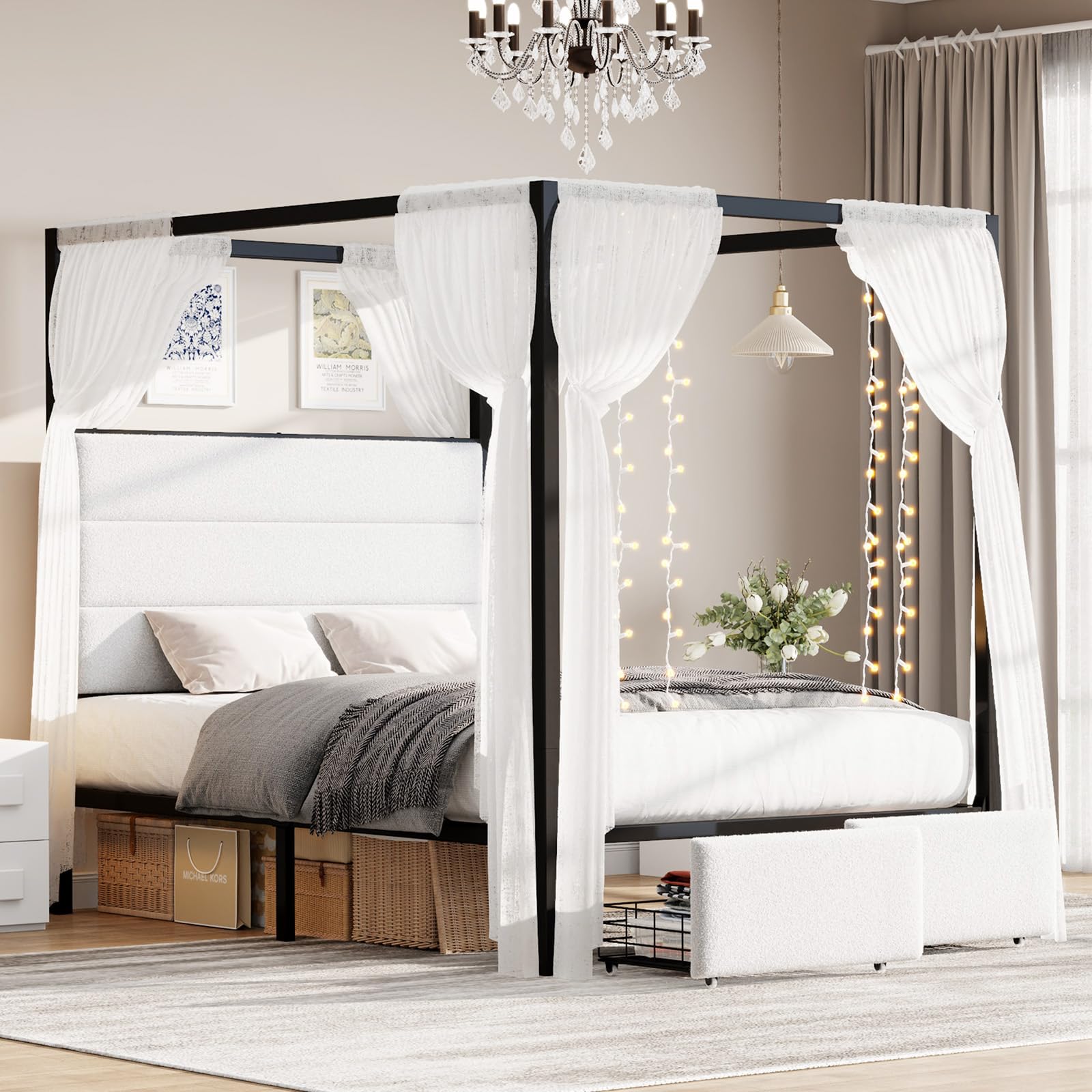 Amazon.com: LUXOAK Full Size Canopy Bed Frame with Upholstered Panel ...