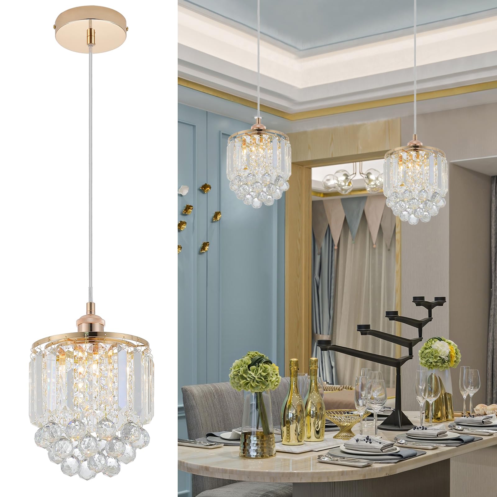 Sheenkarion 2 Pack Decorative Crystal Pendant Light,Gold Crystal ...
