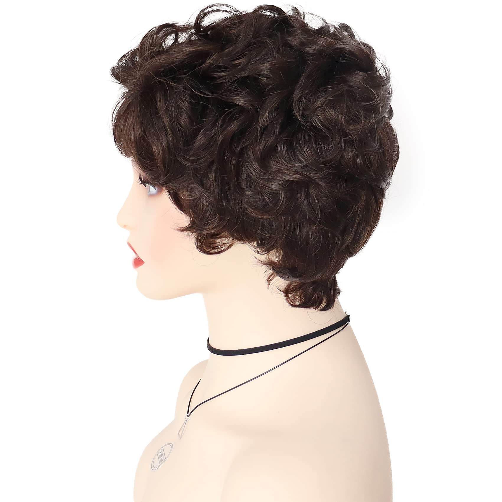 GNIMEGIL Short Dark Brown Curly Wigs with Fuffly Bangs for Women ...