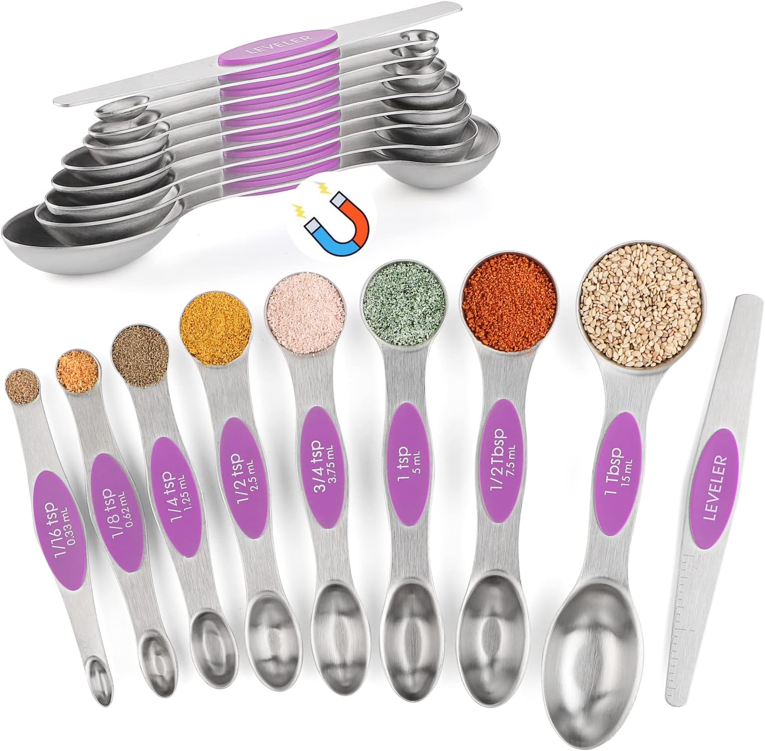 Amazon.com: 6 Piece Magnetic Measuring Spoons Set. Long handled, Double ...