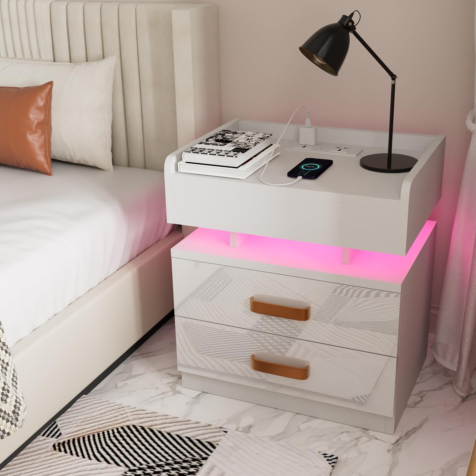 Lvhecforhm Table De Chevet Avec Station De Charge 16 Couleurs Led