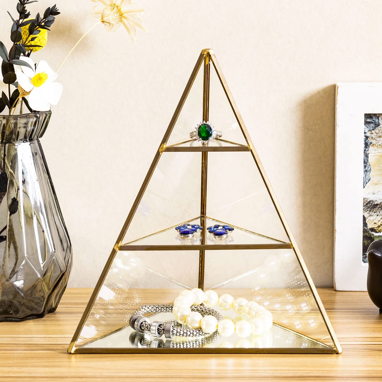 MyGift Glass Pyramid Small Jewelry Organizer Box with Brass Metal Frame ...