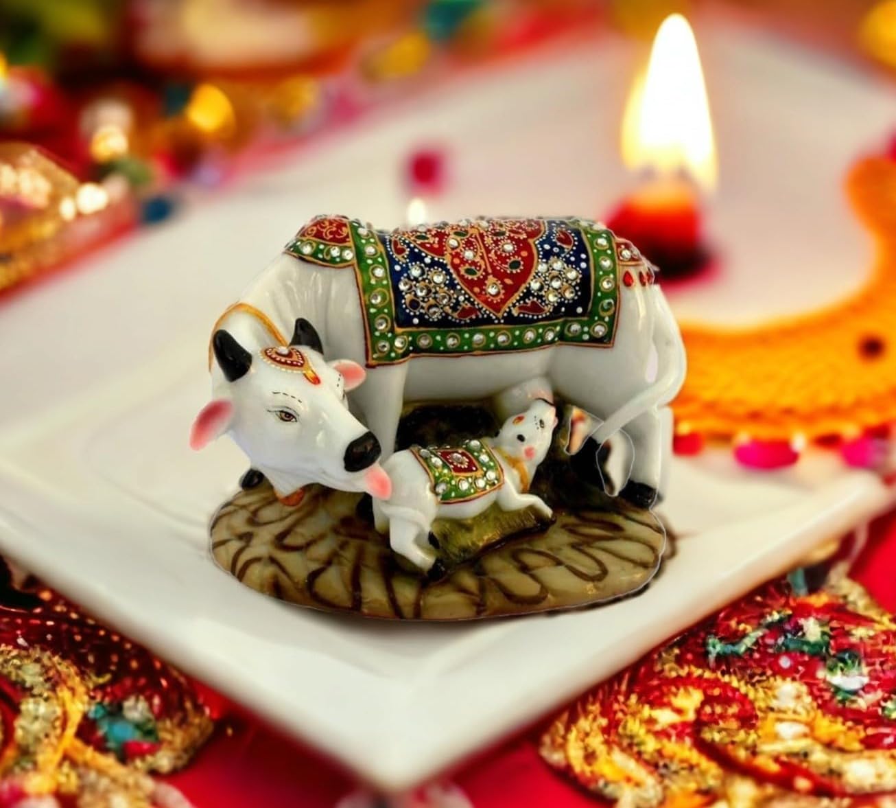 Buy IMAGICART Decorative Marble Dust Cow & Calf Showpiece, Handicraft ...
