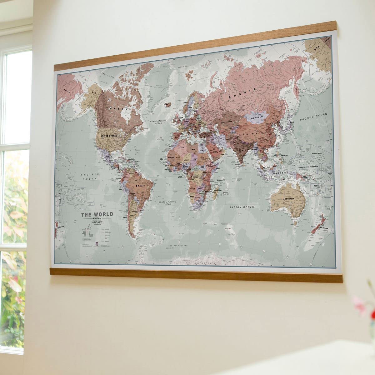 Large Executive World Wall Map Political (Wooden hanging bars) : Amazon ...