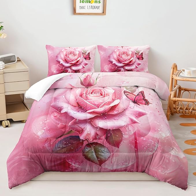 Amazon.com: AILONEN Pink Rose Comforter Set Queen Size,Rose Flower ...