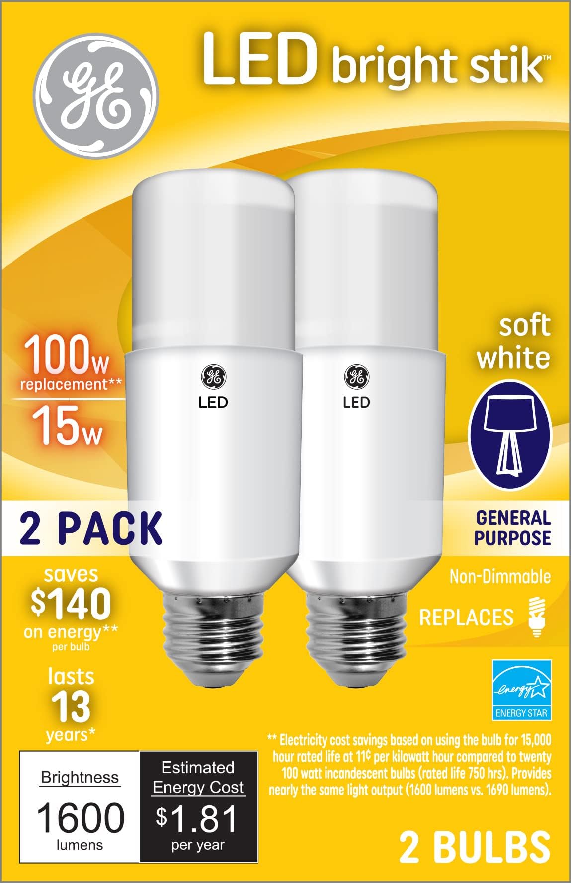 GE LED Bright Stik Light Bulbs, 15 Watts (100 Watt Equivalent), Soft ...