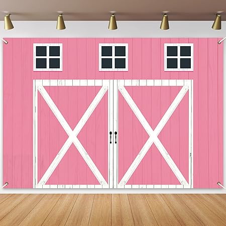 Amazon.com : Mocsicka Farm Birthday Backdrop Pink Barn Door Banner ...