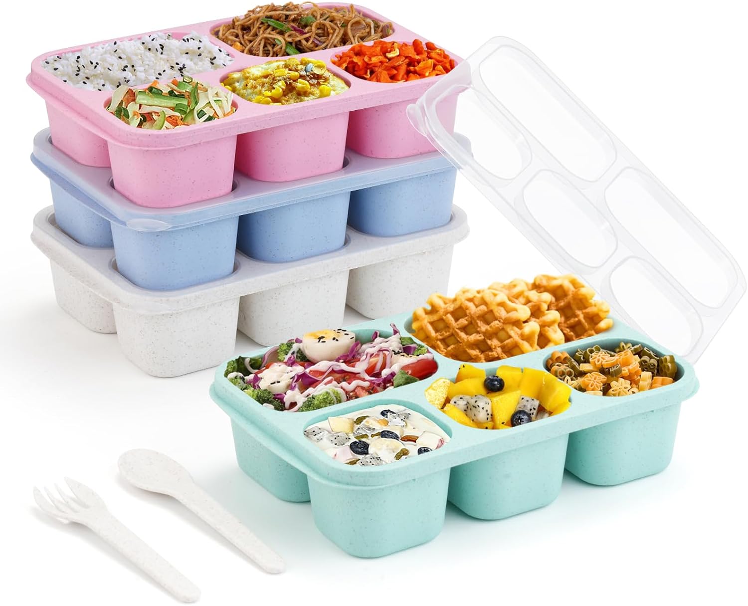 Amazon.com: EWVVSS 4 Pack Bento Snack Box 5-Compartment Snack Containers Reusable Wheat Straw ...