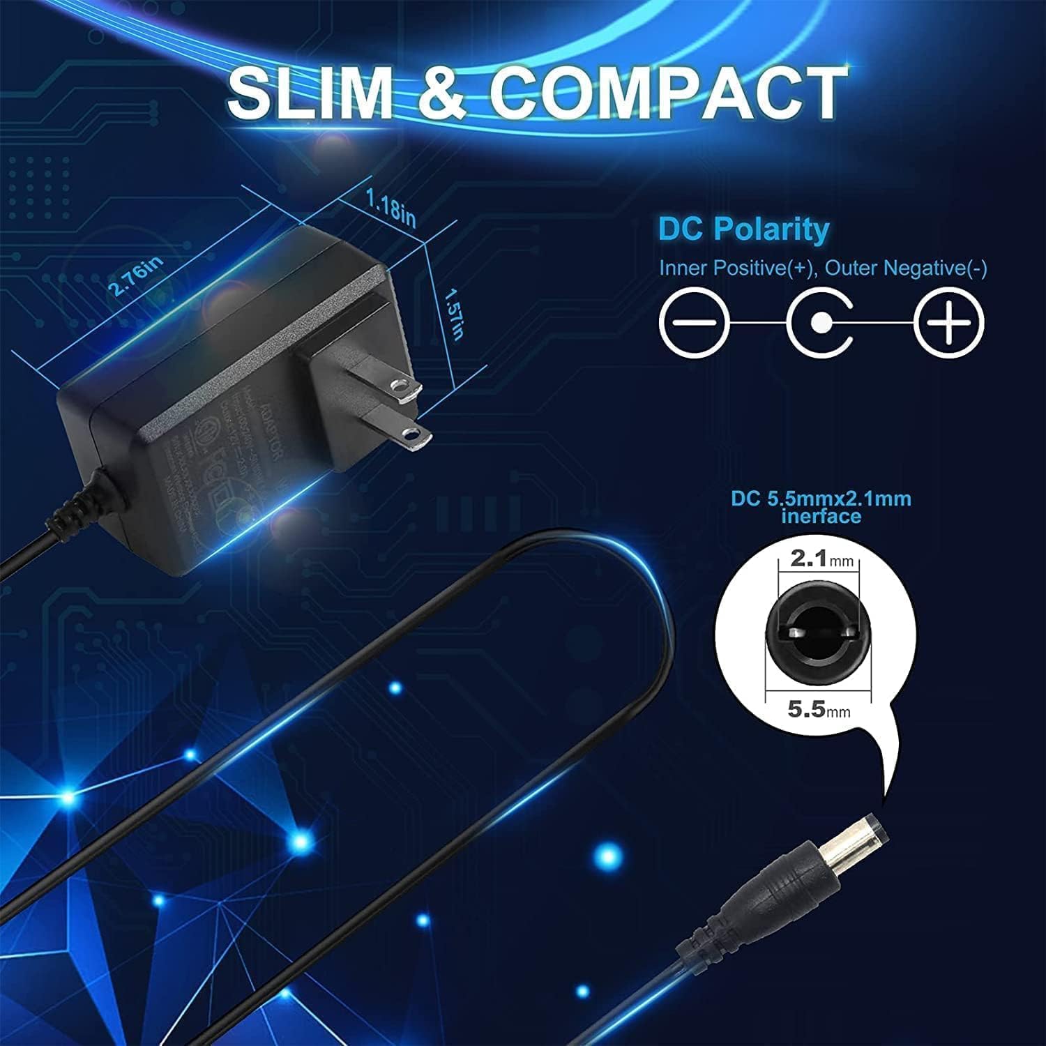 Adaptador de fuente de alimentación de 12V 2A, CA 100-240V a CC 12V 2000mA 24W 0.217 in* 0.083 ...