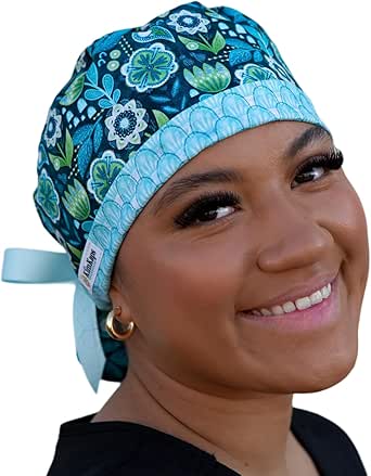 Amazon.com: KimKaps Ponytail Style Surgical Nurse Scrub Hat - Blue and Green Florals Themed ...