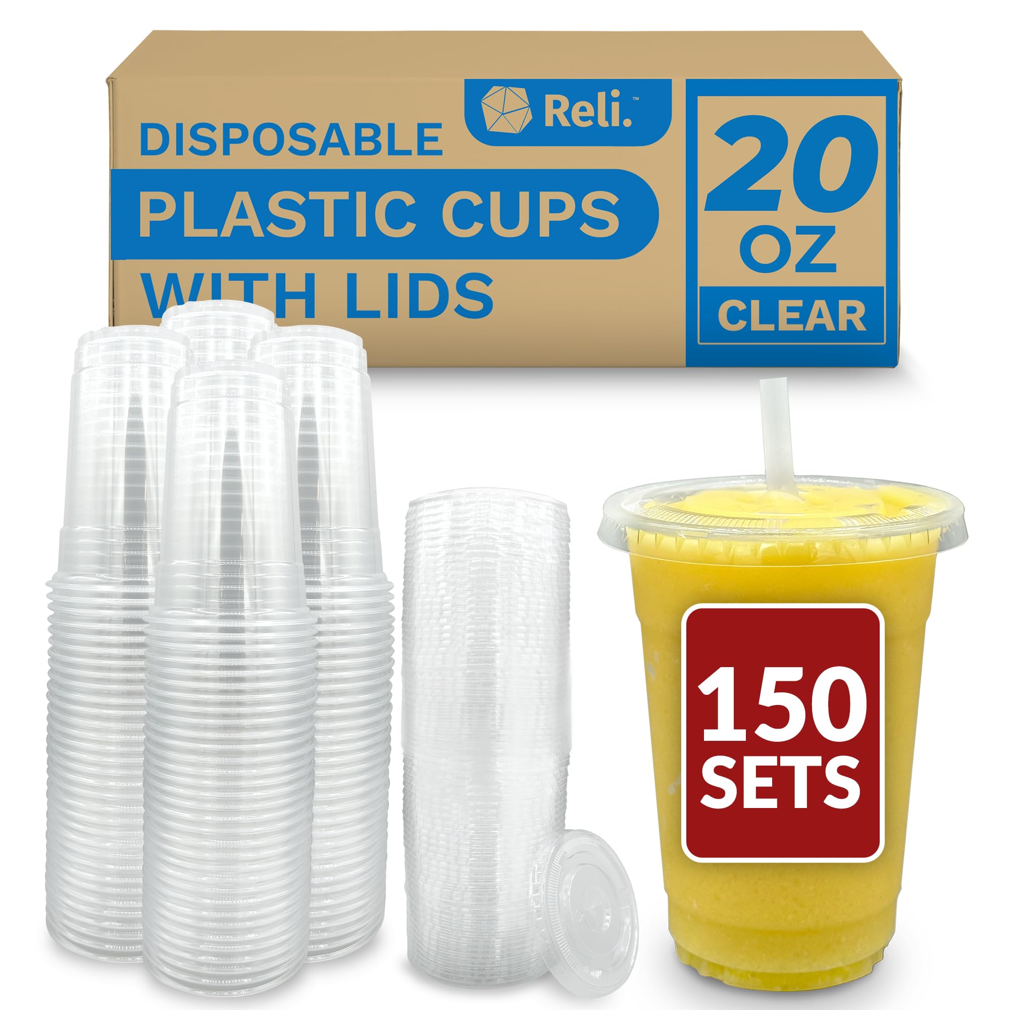 Reli. Plastic Cups with Lids 20 oz | 150 Sets | Clear Plastic Cups with ...