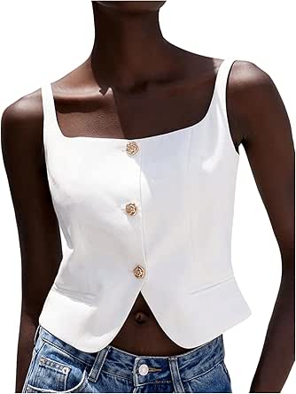 GORGLITTER Women's Metal Button Up Tank Tops Square Neck Sleeveless ...