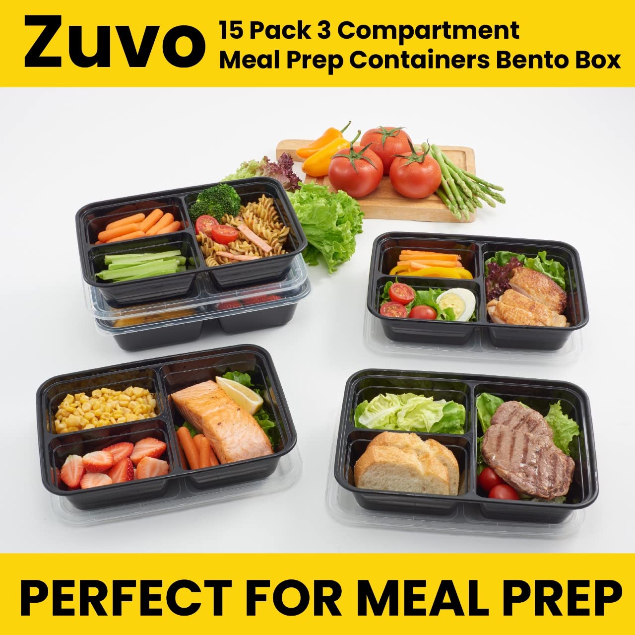 Zuvo 15 Pack 3 Compartment Meal Prep Containers Bento Box, Reusable ...