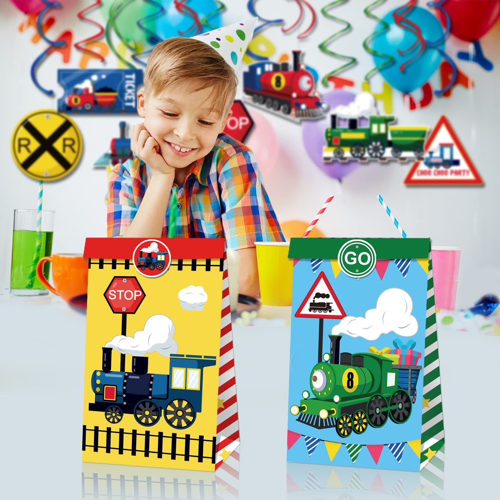 YIPINU 12 Pack Train Party Gift Paper Bags with Stickers, Train Themed ...