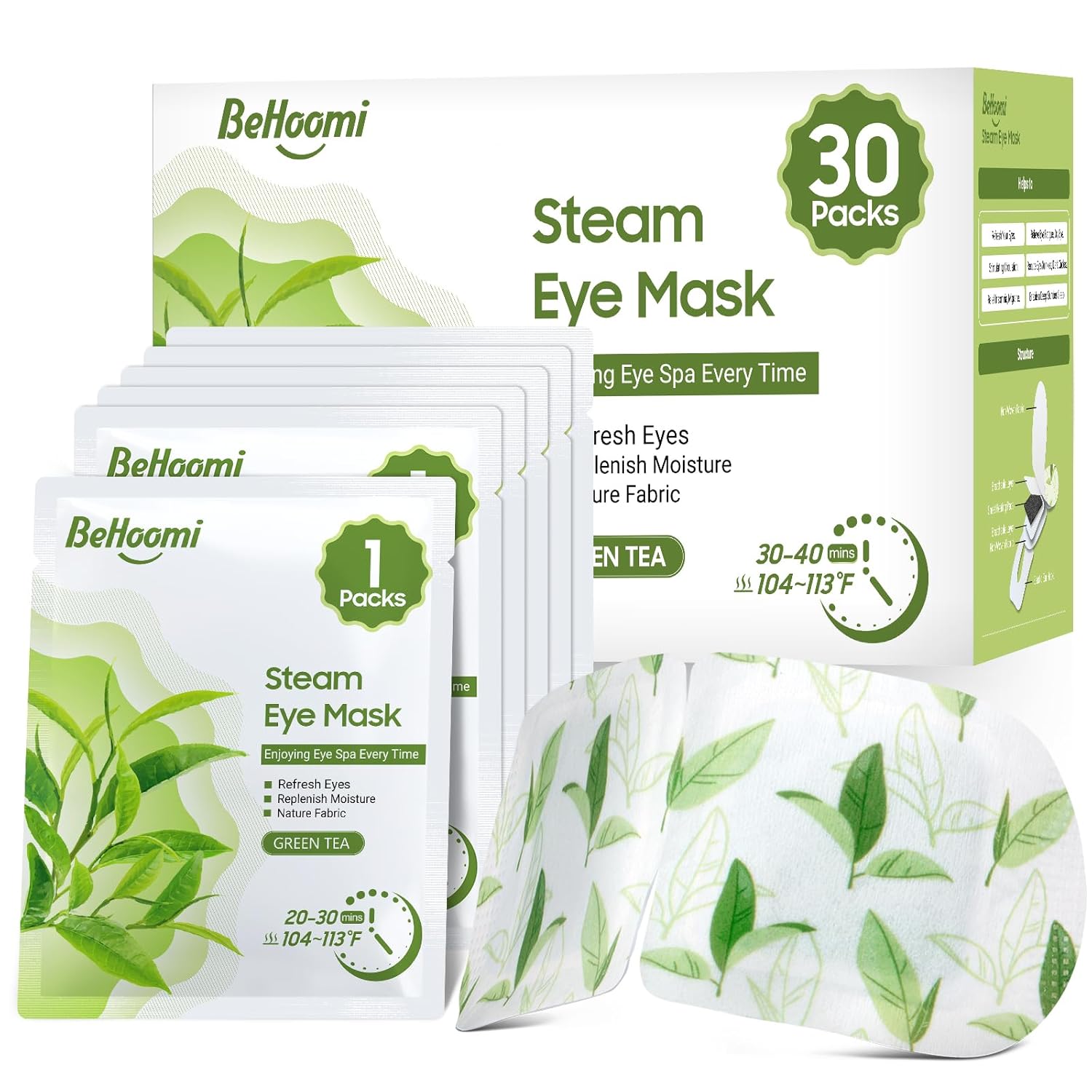 Amazon.com : BeHoomi Steam Eye Mask, 30 Packs GREEN TEA Scent Moist ...