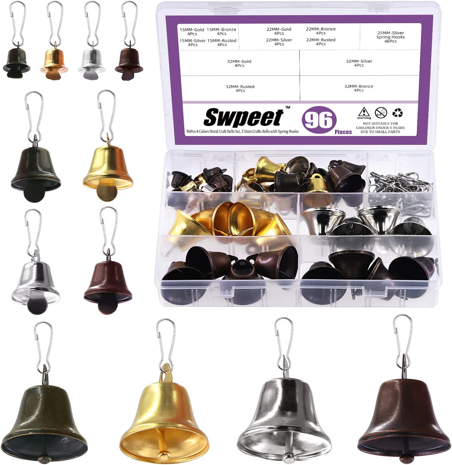 Amazon.com: Swpeet 96Pcs 4 Colors 15mm 22mm 32mm Metal Craft Bells Set ...
