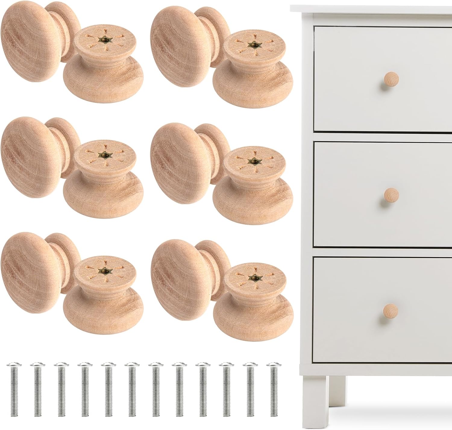 12 Wooden Drawer Knobs, Round Wood Cabinet Door Knobs Natural Wooden ...