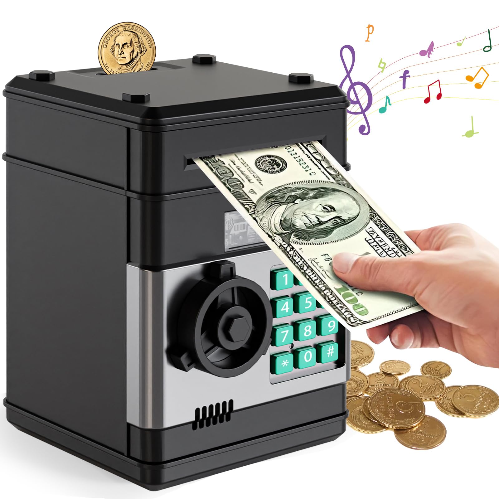 ZCOINS Black Piggy Money Bank for Kids, Electronic ATM Money Box with ...