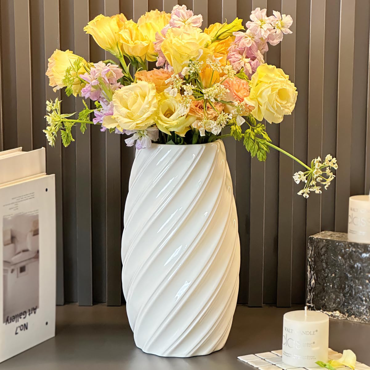 Amazon.com: Modern White Ceramic Vase for Home Decor, 9.5 Inch Flower ...