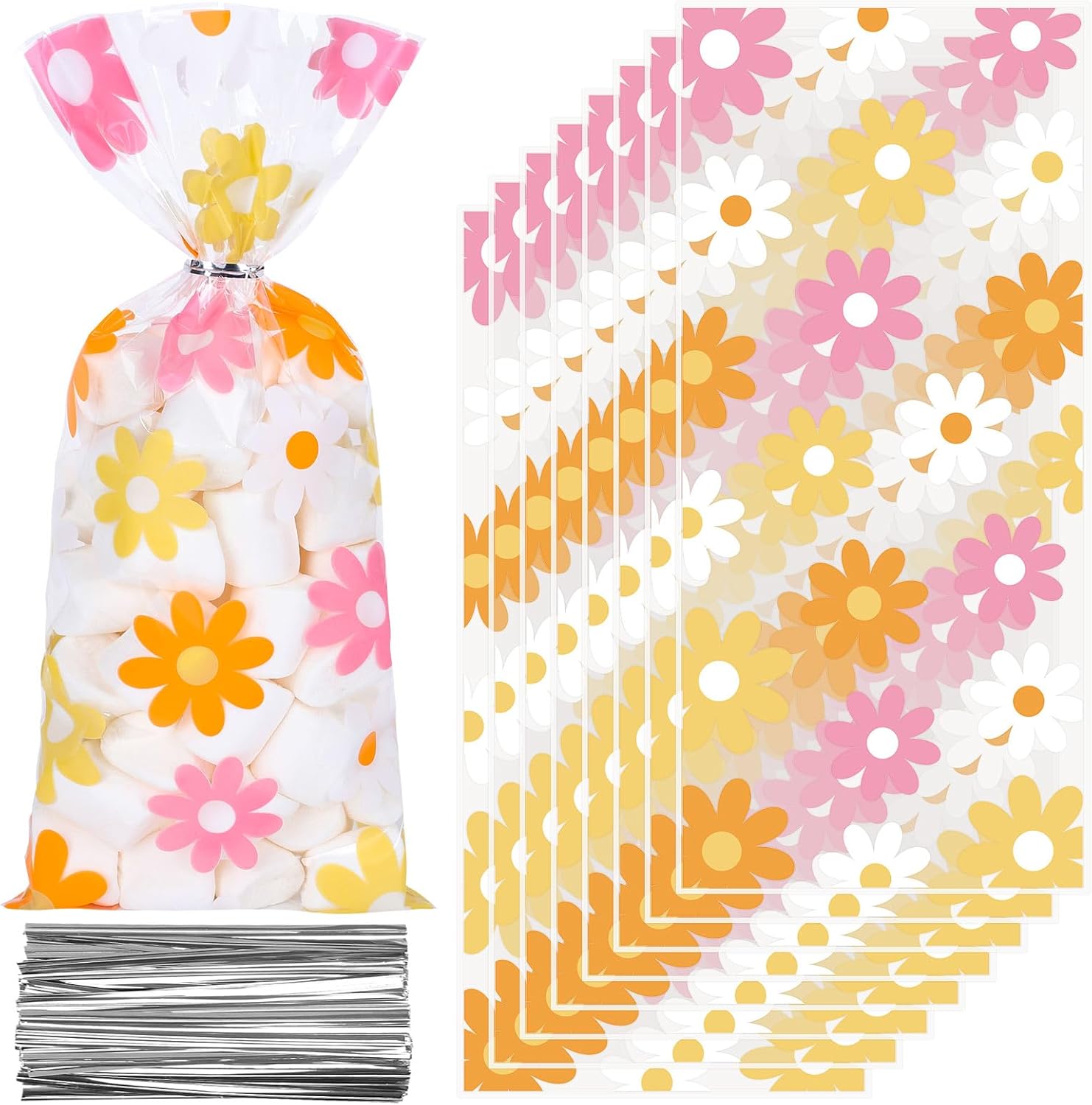 Amazon.com: Whaline 100Pcs Groovy Daisy Cellophane Bags with Silver ...