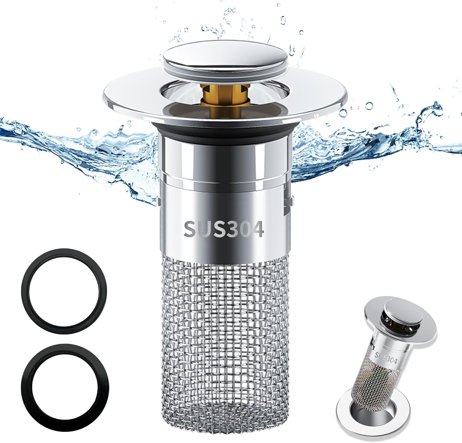 SHFYFHS Bathroom Pop Up Sink Plugs, Push-Type Sink Plug, 304 Stainless ...