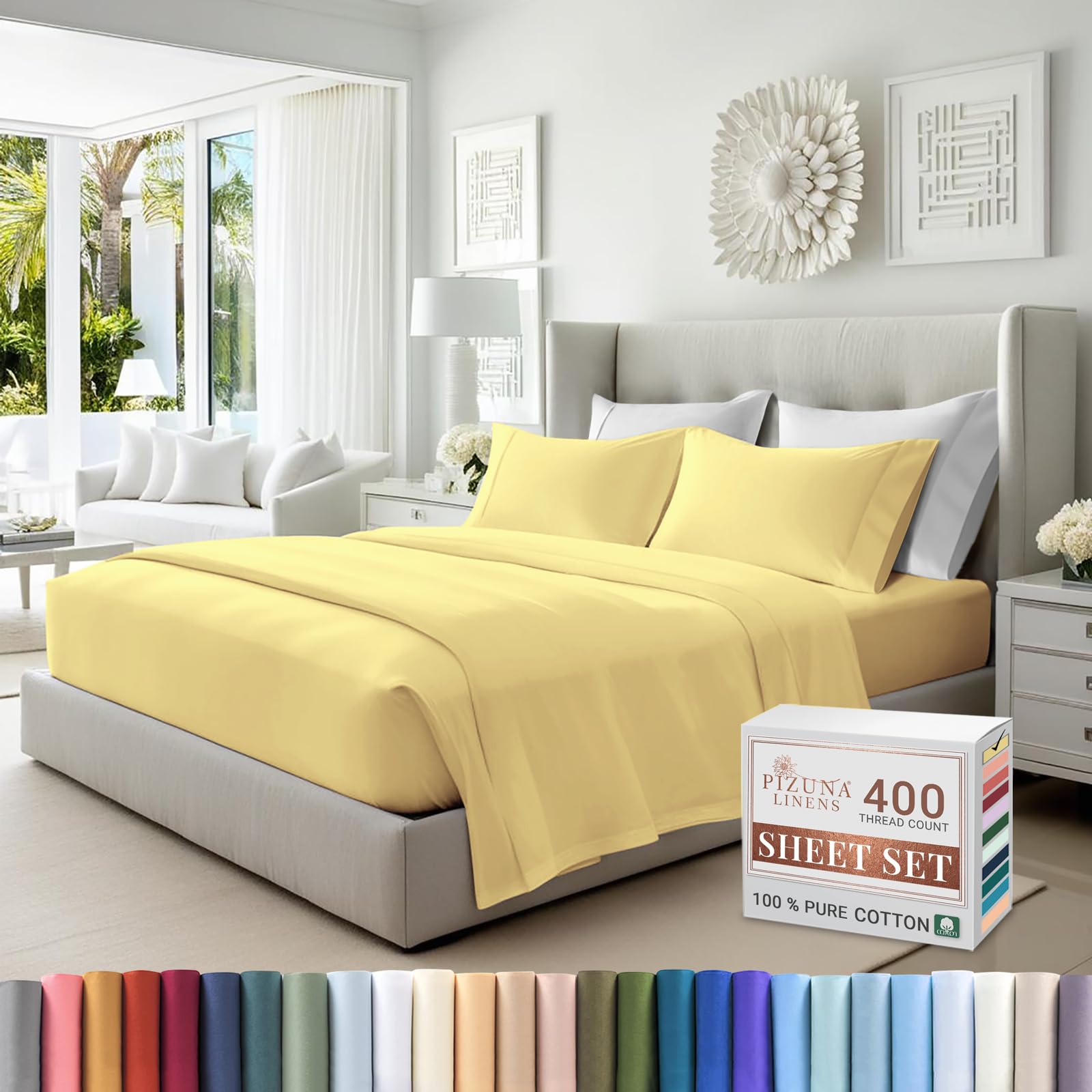 Amazon.com: Pizuna Pure 100% Cotton Sheets Queen Size, Luxurious 400 ...