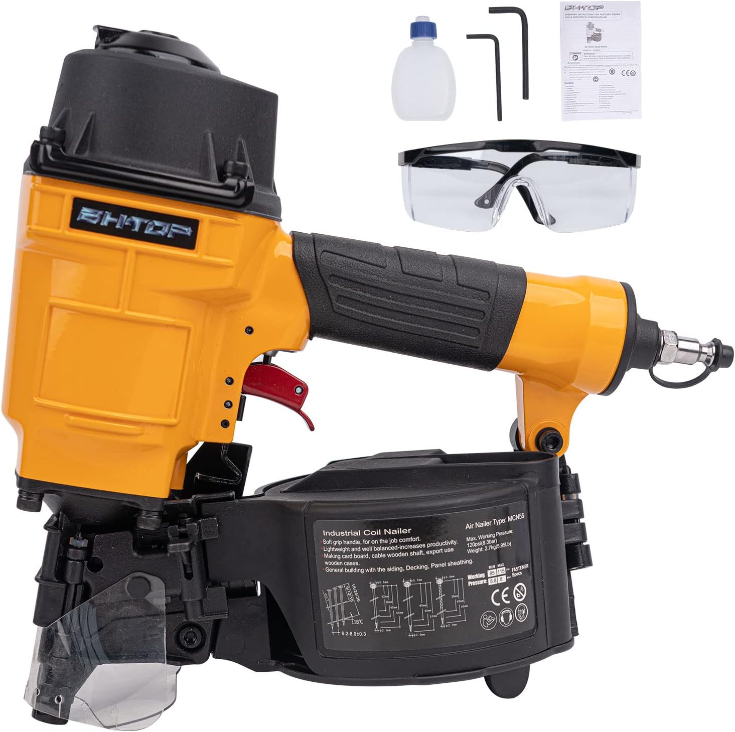 BHTOP CN55N Pneumatic Nail Gun,15 Degree Professional Coil Nailer, 1-1/ ...