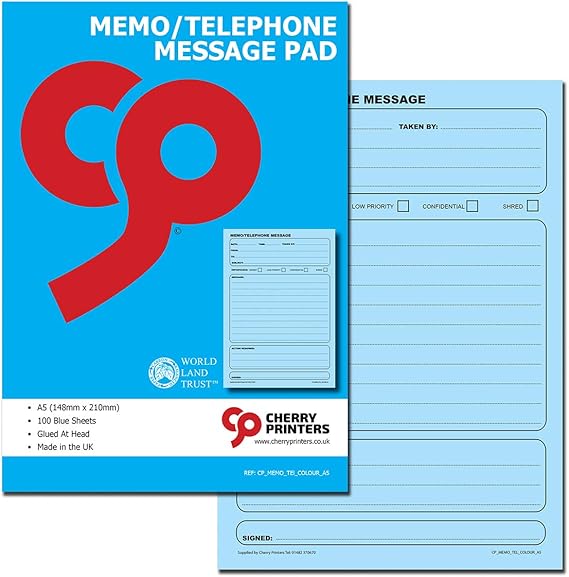 Cherry Memo Book/Telephone Message Pad A5 100 Coloured pages 80gsm ...