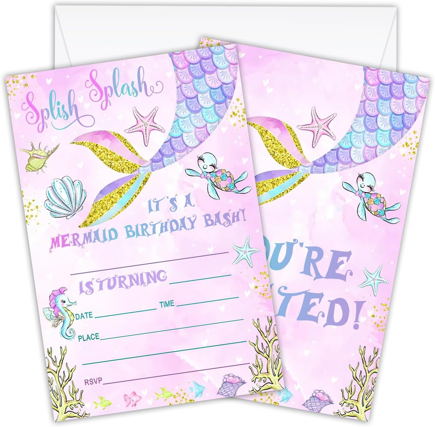 Amazon.com : SamPartyShop Mermaid Invitations with Envelopes,Magical ...