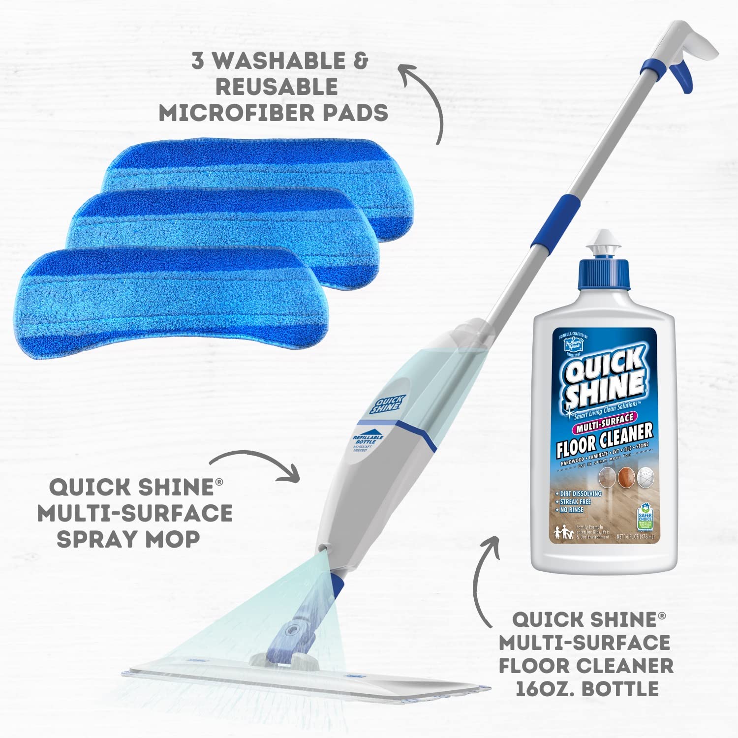 Quick Shine Spray Mop Kit with 3 Mop Pads & 1 Multi-Surface Floor ...